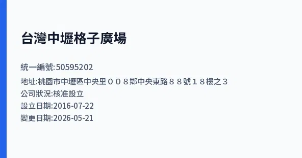 台灣中壢格子廣場的照片-統編 50595202(桃園市) 公司登記資料與營業項目詳細圖表