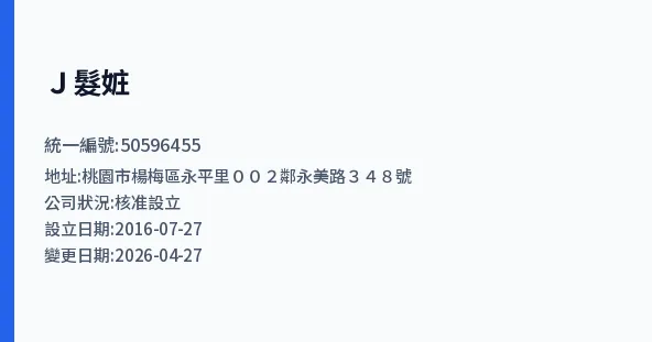 J髮㛇的照片-統編 50596455(桃園市) 公司登記資料與營業項目詳細圖表