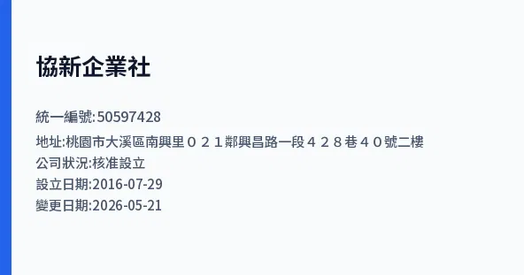 協新企業社的照片-統編 50597428(桃園市) 公司登記資料與營業項目詳細圖表