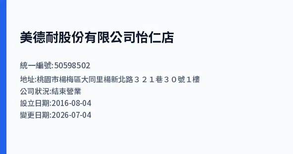 美德耐股份有限公司怡仁店的照片-統編 50598502(桃園市) 公司登記資料與營業項目詳細圖表