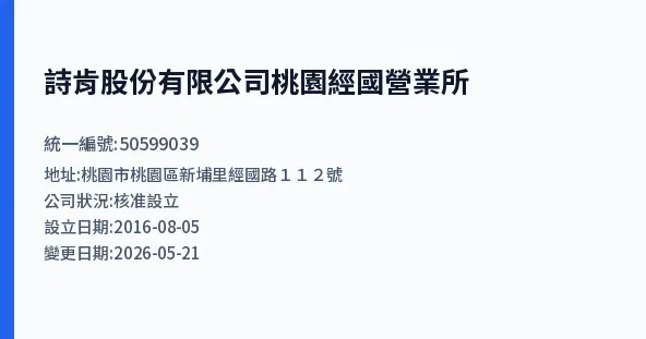 詩肯股份有限公司桃園經國營業所的照片-統編 50599039(桃園市) 公司登記資料與營業項目詳細圖表