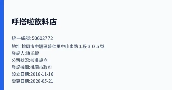 呼搭啦飲料店的照片-統編 50602772(桃園市) 公司登記資料與營業項目詳細圖表