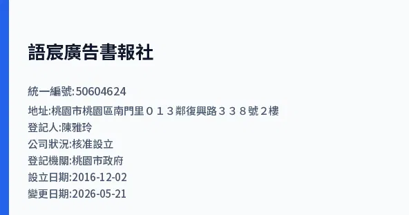 語宸廣告書報社的照片-統編 50604624(桃園市) 公司登記資料與營業項目詳細圖表