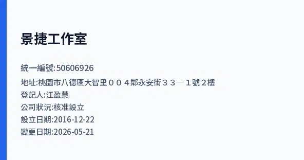 景捷工作室的照片-統編 50606926(桃園市) 公司登記資料與營業項目詳細圖表