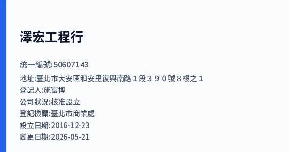 澤宏工程行的照片-統編 50607143(臺北市) 公司登記資料與營業項目詳細圖表