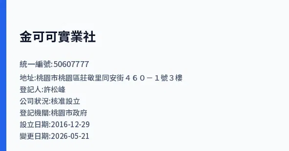 金可可實業社的照片-統編 50607777(桃園市) 公司登記資料與營業項目詳細圖表
