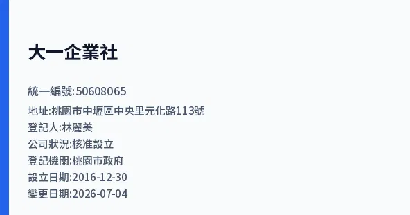 大一企業社的照片-統編 50608065(桃園市) 公司登記資料與營業項目詳細圖表