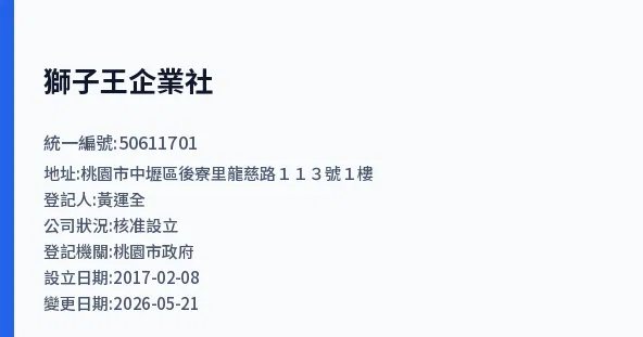 獅子王企業社的照片-統編 50611701(桃園市) 公司登記資料與營業項目詳細圖表