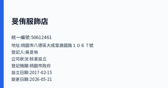 旻侑服飾店的照片-統編 50612461(桃園市) 公司登記資料與營業項目詳細圖表