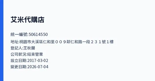 艾米代購店的照片-統編 50614550(桃園市) 公司登記資料與營業項目詳細圖表