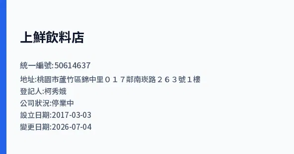 上鮮飲料店的照片-統編 50614637(桃園市) 公司登記資料與營業項目詳細圖表
