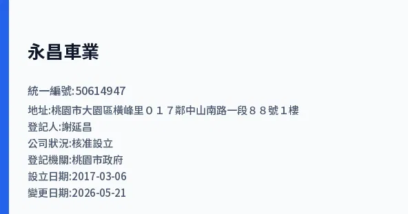 永昌車業的照片-統編 50614947(桃園市) 公司登記資料與營業項目詳細圖表