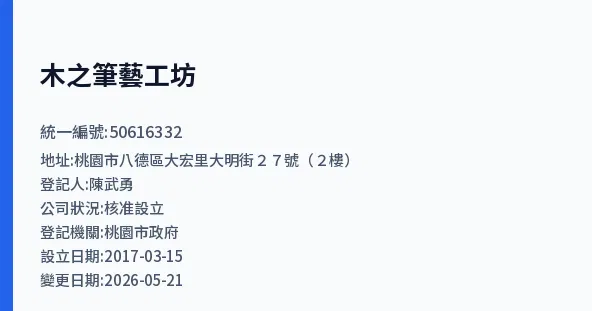 木之筆藝工坊的照片-統編 50616332(桃園市) 公司登記資料與營業項目詳細圖表