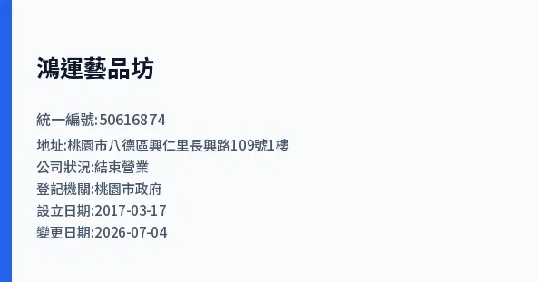 鴻運藝品坊的照片-統編 50616874(桃園市) 公司登記資料與營業項目詳細圖表