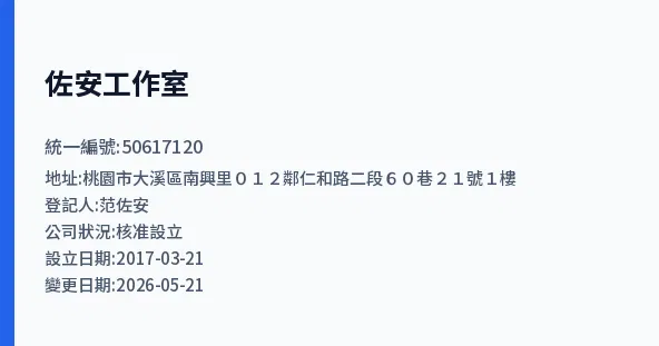 佐安工作室的照片-統編 50617120(桃園市) 公司登記資料與營業項目詳細圖表