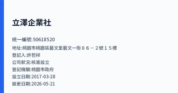 立澤企業社的照片-統編 50618520(桃園市) 公司登記資料與營業項目詳細圖表