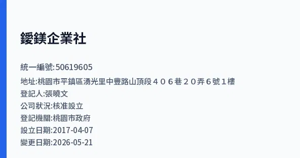 鑀鎂企業社的照片-統編 50619605(桃園市) 公司登記資料與營業項目詳細圖表