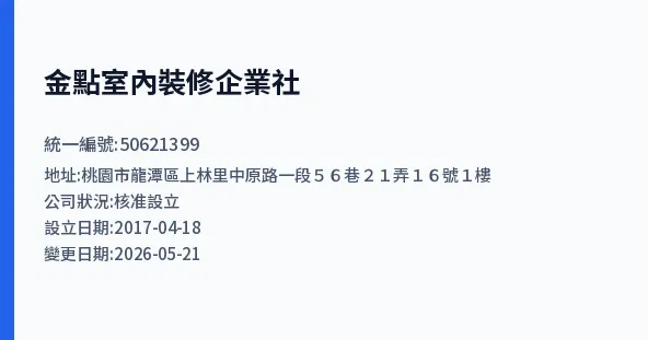 金點室內裝修企業社的照片-統編 50621399(桃園市) 公司登記資料與營業項目詳細圖表