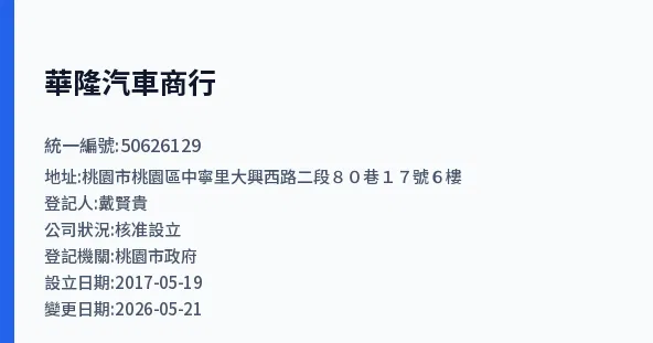 華隆汽車商行的照片-統編 50626129(桃園市) 公司登記資料與營業項目詳細圖表