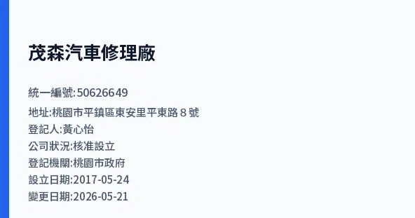 茂森汽車修理廠的照片-統編 50626649(桃園市) 公司登記資料與營業項目詳細圖表
