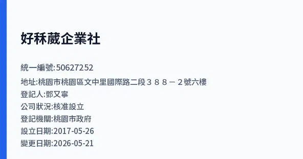 好秝葳企業社的照片-統編 50627252(桃園市) 公司登記資料與營業項目詳細圖表