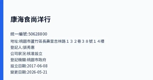 康海食尚洋行的照片-統編 50628800(桃園市) 公司登記資料與營業項目詳細圖表