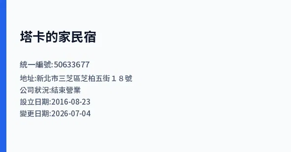 塔卡的家民宿的照片-統編 50633677(新北市) 公司登記資料與營業項目詳細圖表