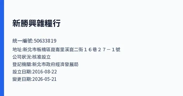 新勝興雜糧行的照片-統編 50633819(新北市) 公司登記資料與營業項目詳細圖表