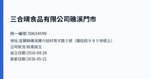 三合晴食品有限公司礁溪門市的照片-統編 50634599(宜蘭縣) 公司登記資料與營業項目詳細圖表
