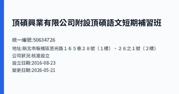 頂碩興業有限公司附設頂碩語文短期補習班的照片-統編 50634726(新北市) 公司登記資料與營業項目詳細圖表