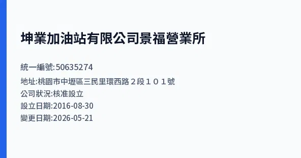 坤業加油站有限公司景福營業所的照片-統編 50635274(桃園市) 公司登記資料與營業項目詳細圖表