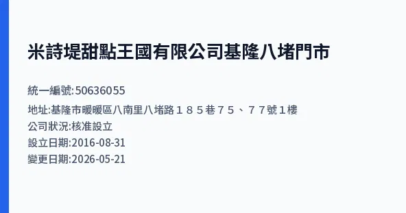 米詩堤甜點王國有限公司基隆八堵門市的照片-統編 50636055(基隆市) 公司登記資料與營業項目詳細圖表