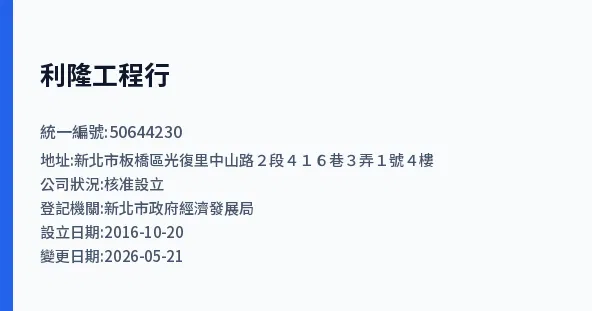 利隆工程行的照片-統編 50644230(新北市) 公司登記資料與營業項目詳細圖表