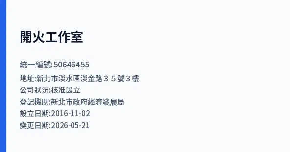 開火工作室的照片-統編 50646455(新北市) 公司登記資料與營業項目詳細圖表