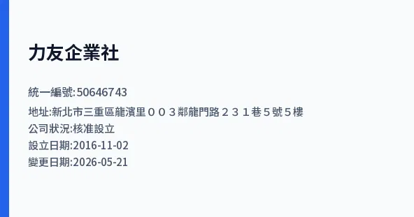 力友企業社的照片-統編 50646743(新北市) 公司登記資料與營業項目詳細圖表