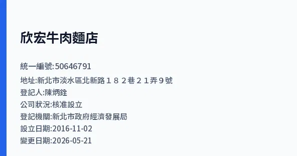 欣宏牛肉麵店的照片-統編 50646791(新北市) 公司登記資料與營業項目詳細圖表