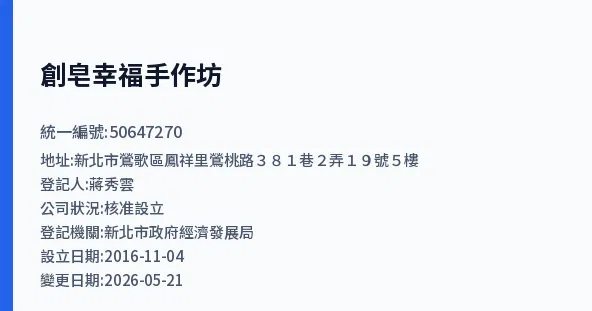 創皂幸福手作坊的照片-統編 50647270(新北市) 公司登記資料與營業項目詳細圖表