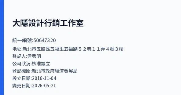 大隱設計行銷工作室的照片-統編 50647320(新北市) 公司登記資料與營業項目詳細圖表