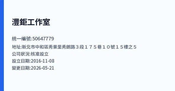 灃鉅工作室的照片-統編 50647779(新北市) 公司登記資料與營業項目詳細圖表