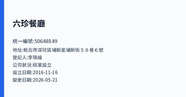 六珍餐廳的照片-統編 50648849(新北市) 公司登記資料與營業項目詳細圖表