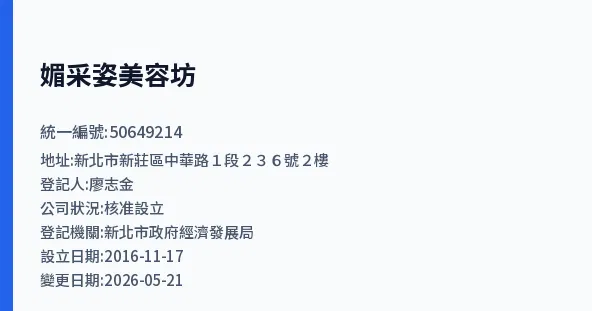 媚采姿美容坊的照片-統編 50649214(新北市) 公司登記資料與營業項目詳細圖表