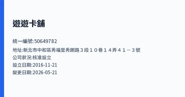 遊遊卡舖的照片-統編 50649782(新北市) 公司登記資料與營業項目詳細圖表