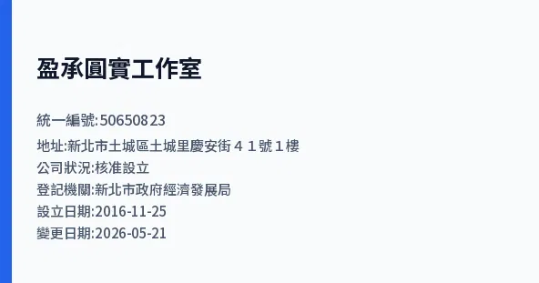 盈承圓實工作室的照片-統編 50650823(新北市) 公司登記資料與營業項目詳細圖表