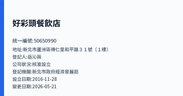 好彩頭餐飲店的照片-統編 50650990(新北市) 公司登記資料與營業項目詳細圖表