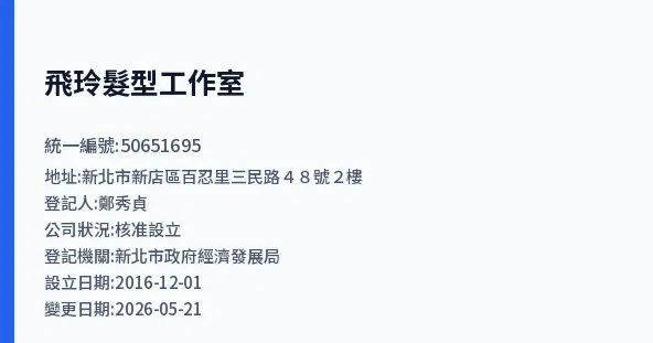 飛玲髮型工作室的照片-統編 50651695(新北市) 公司登記資料與營業項目詳細圖表