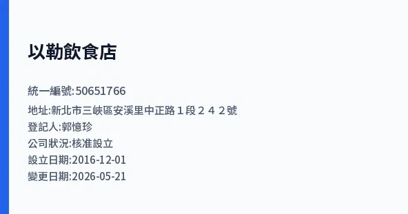 以勒飲食店的照片-統編 50651766(新北市) 公司登記資料與營業項目詳細圖表
