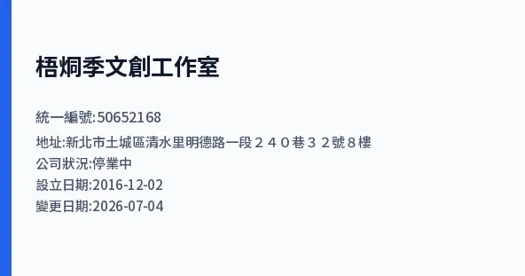 梧烔季文創工作室的照片-統編 50652168(新北市) 公司登記資料與營業項目詳細圖表