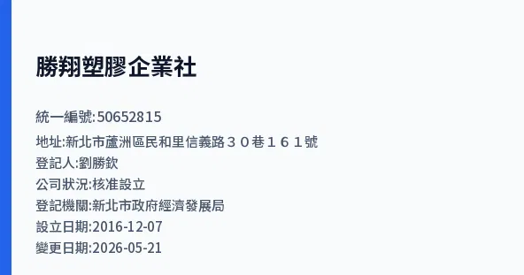 勝翔塑膠企業社的照片-統編 50652815(新北市) 公司登記資料與營業項目詳細圖表