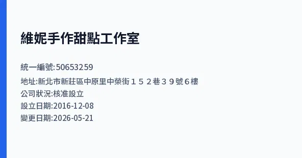 維妮手作甜點工作室的照片-統編 50653259(新北市) 公司登記資料與營業項目詳細圖表