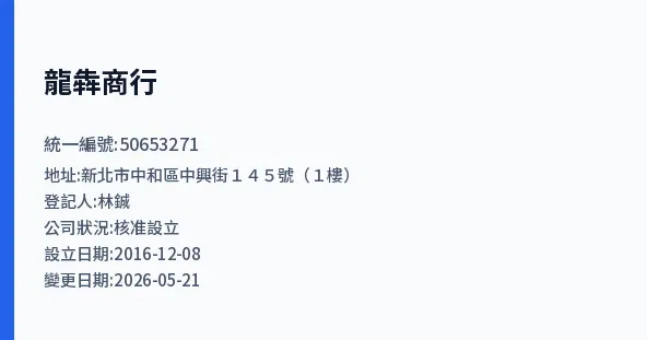 龍犇商行的照片-統編 50653271(新北市) 公司登記資料與營業項目詳細圖表